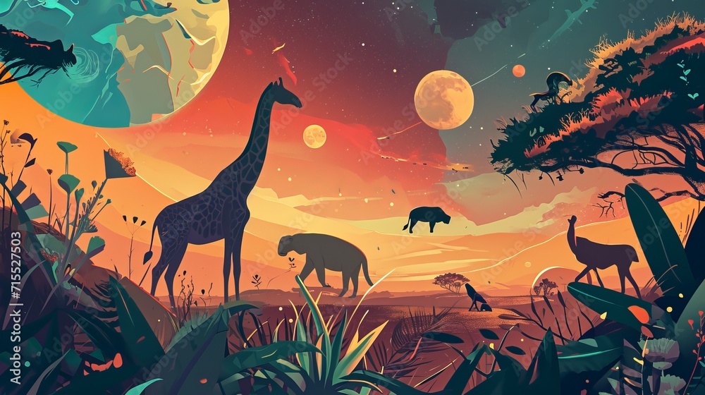 Celestial Navigation: A Colorful Illustration of Animals Migrating ...