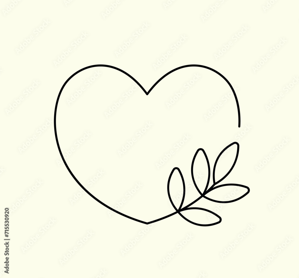 Minimalist linear heart shaped frame decorated with a small simple leaf ...