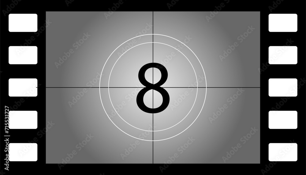 Old film countdown number 8. Flat, gray, number 8, retro film strip ...