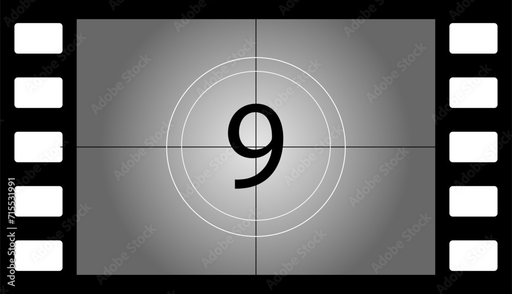 Old film countdown number 9. Flat, gray, number 9, retro film strip ...