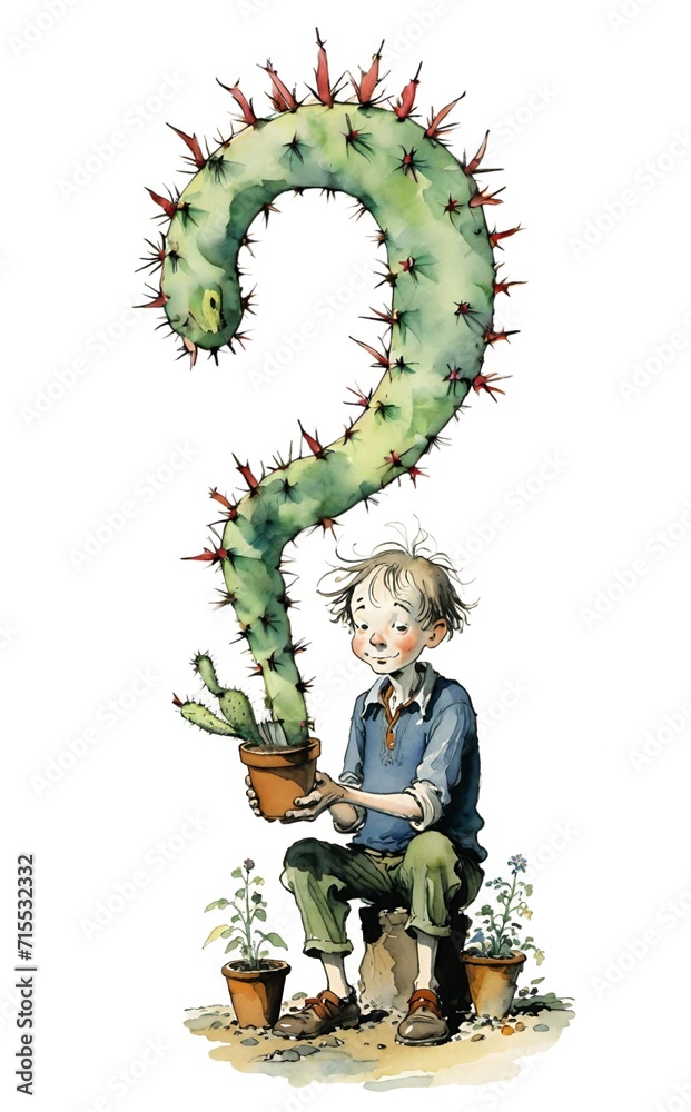 Cartoon illustration of young boy with a prickly cactus in the shape of ...