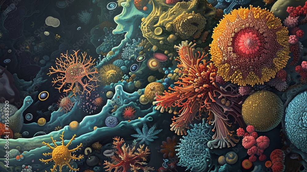 Vibrant Microscopic Ecosystem: A Detailed Illustration of Diverse ...