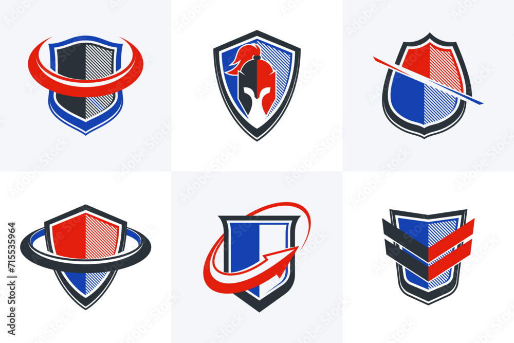 Classic shields shapes set with different additional elements vector ...