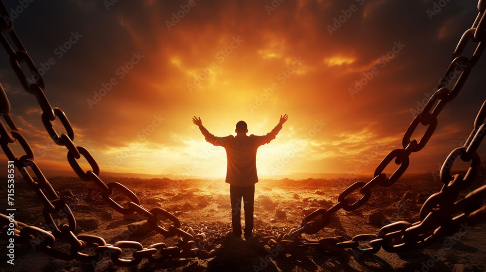 Person with broken chains at the time of the sunrise . vintage concept ...