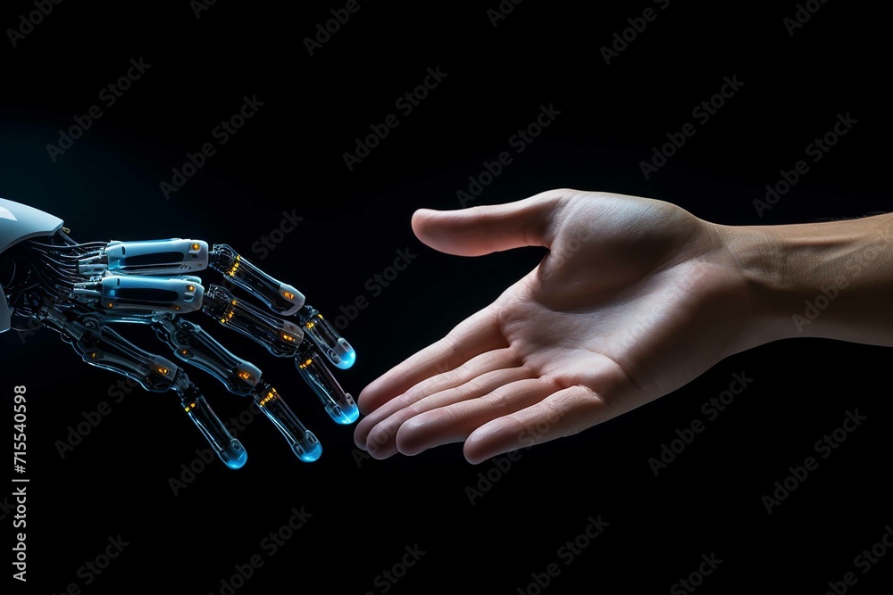Human and robot touching their fingers in blue background generative AI ...