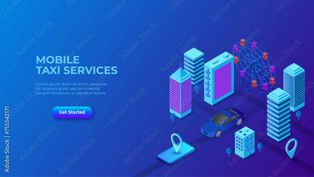 Mobile taxi service design concept with smartphone, car and city. Dark ...