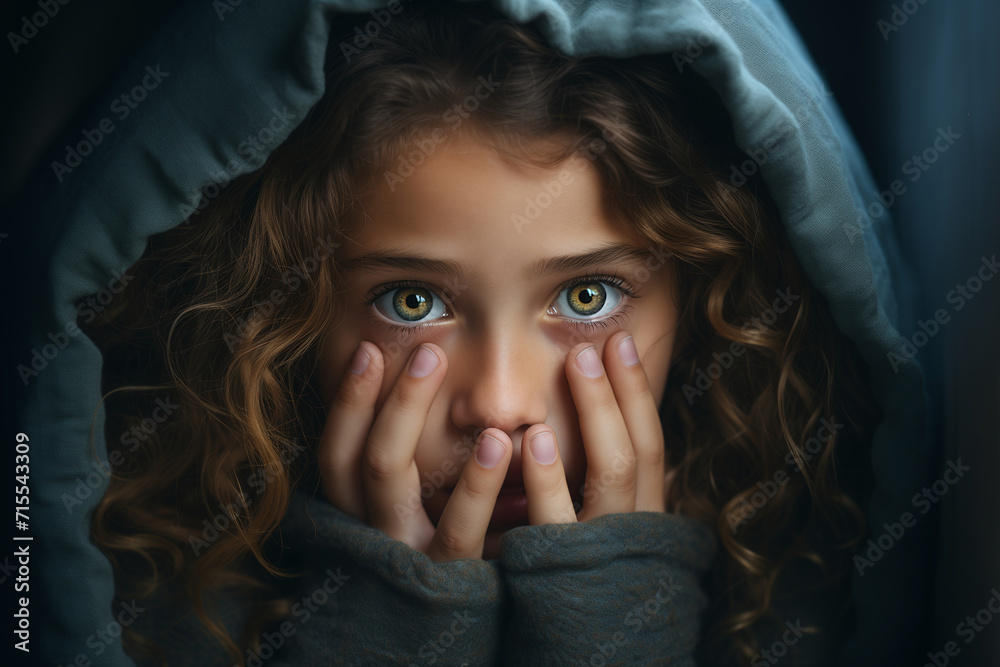 Little girl covering her mouth with her hands. Portrait of afraid or ...