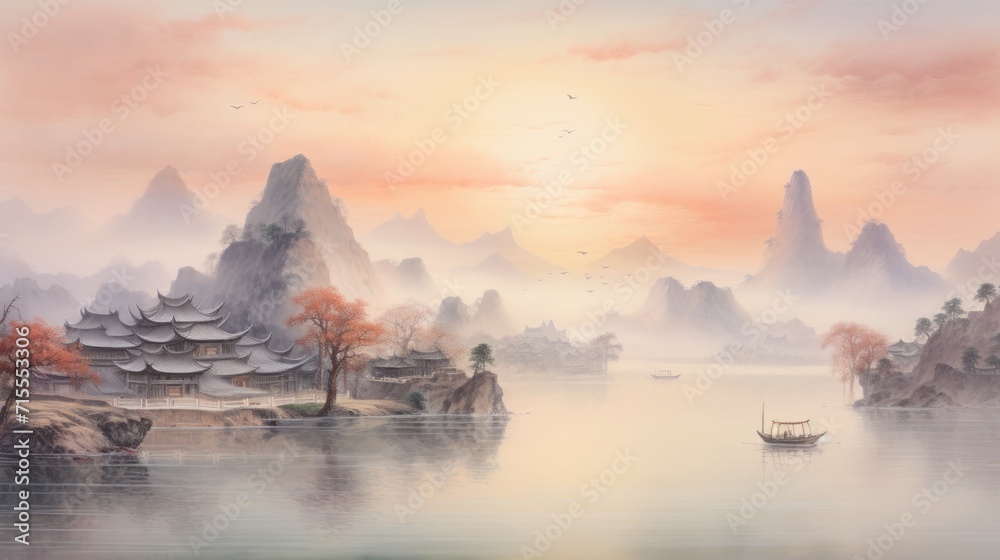 Traditional Chinese landscape painting, featuring majestic mountains ...