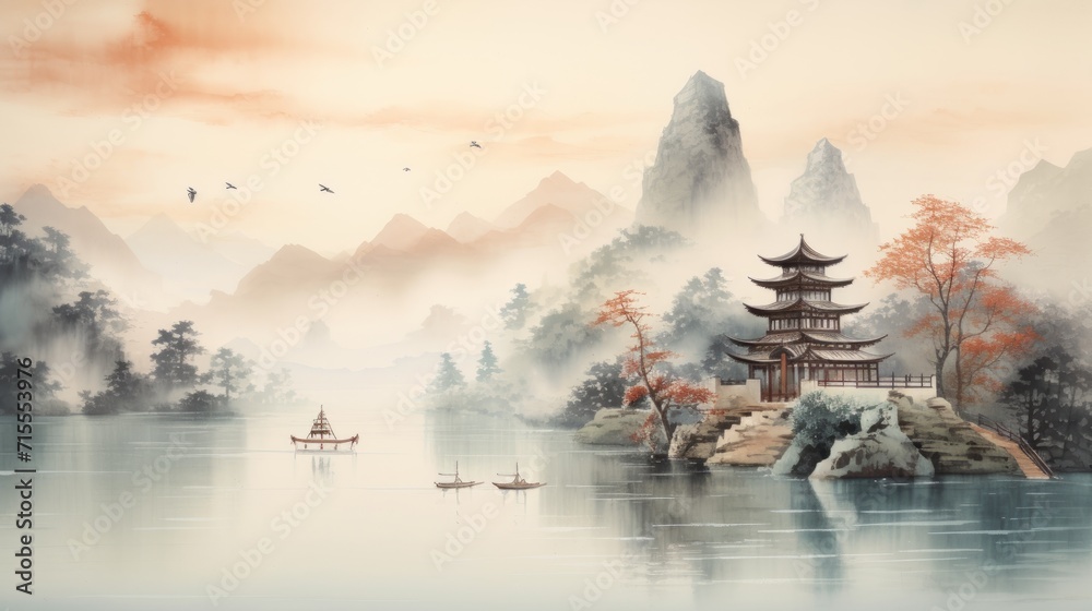 Traditional Chinese landscape painting, featuring majestic mountains ...