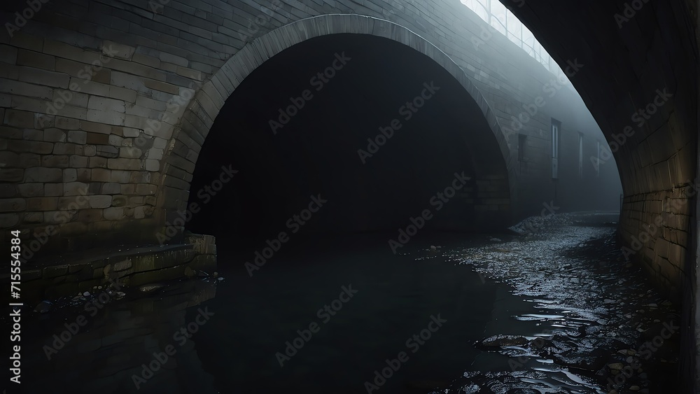 Underground foggy sewer tunnel abandoned dark scary dirty passage, noir ...