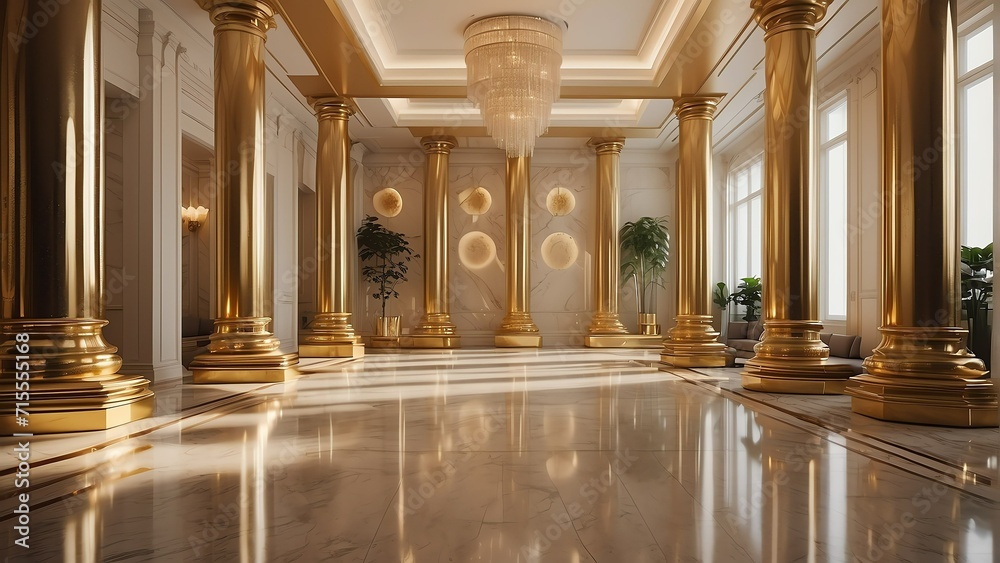 Gold interior of luxury lobby of modern hotel with clean shiny floor in ...