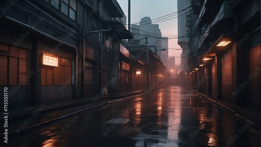 Dystopian dark alley way in cyberpunk city at sunset with buildings and ...