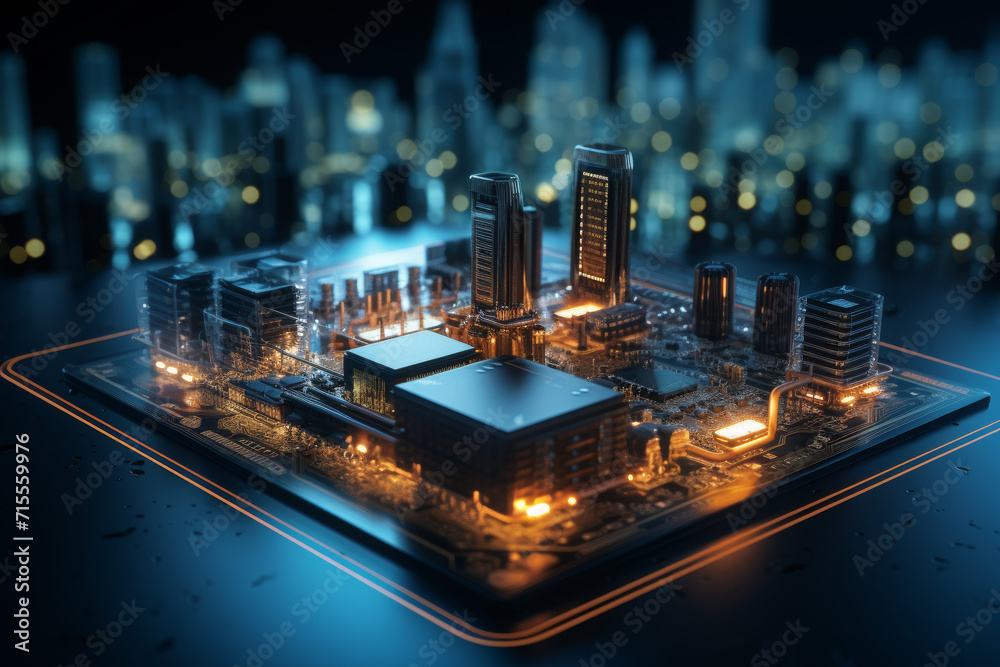 Poster Smart city illustration built on the power of computer chips ...