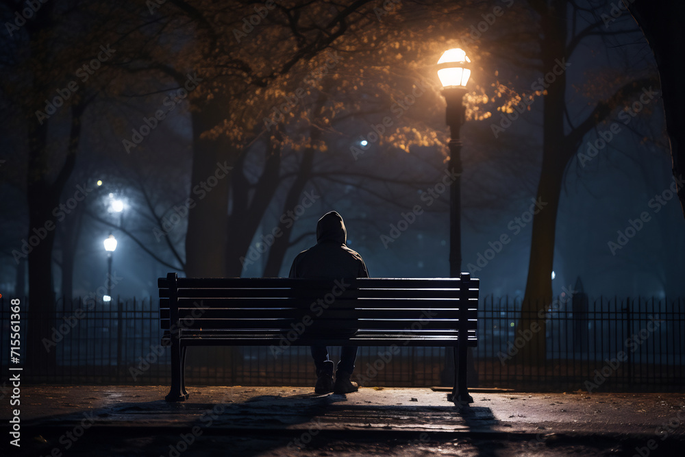 Solitary Figure Seated on a Park Bench Under Street Light on a Foggy ...