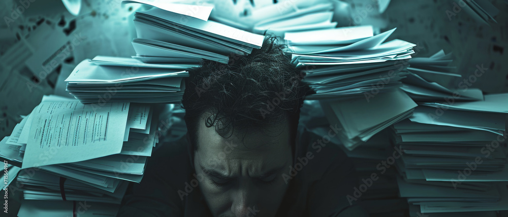 Overwhelmed by towering piles of paperwork, a man finds himself ...