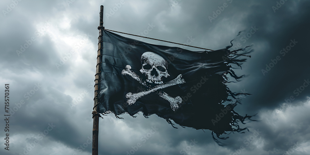 Pirate flag with skull and bones waving in the wind, cloudy sky ...