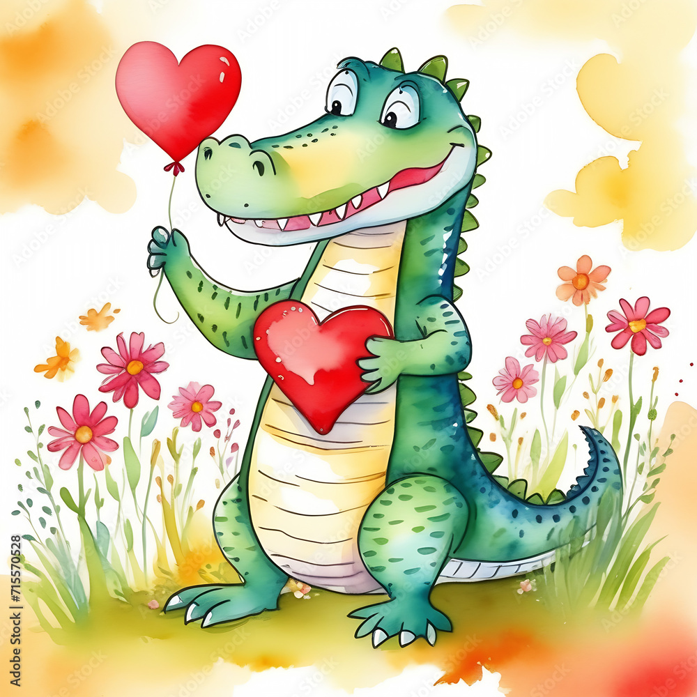 Funny watercolor enamored hold big red heart in one hand and a balloon ...