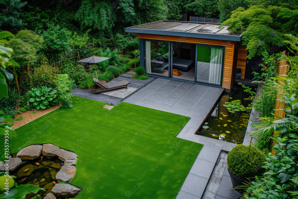 high view of a back garden with artificial grass, grey paving slab ...