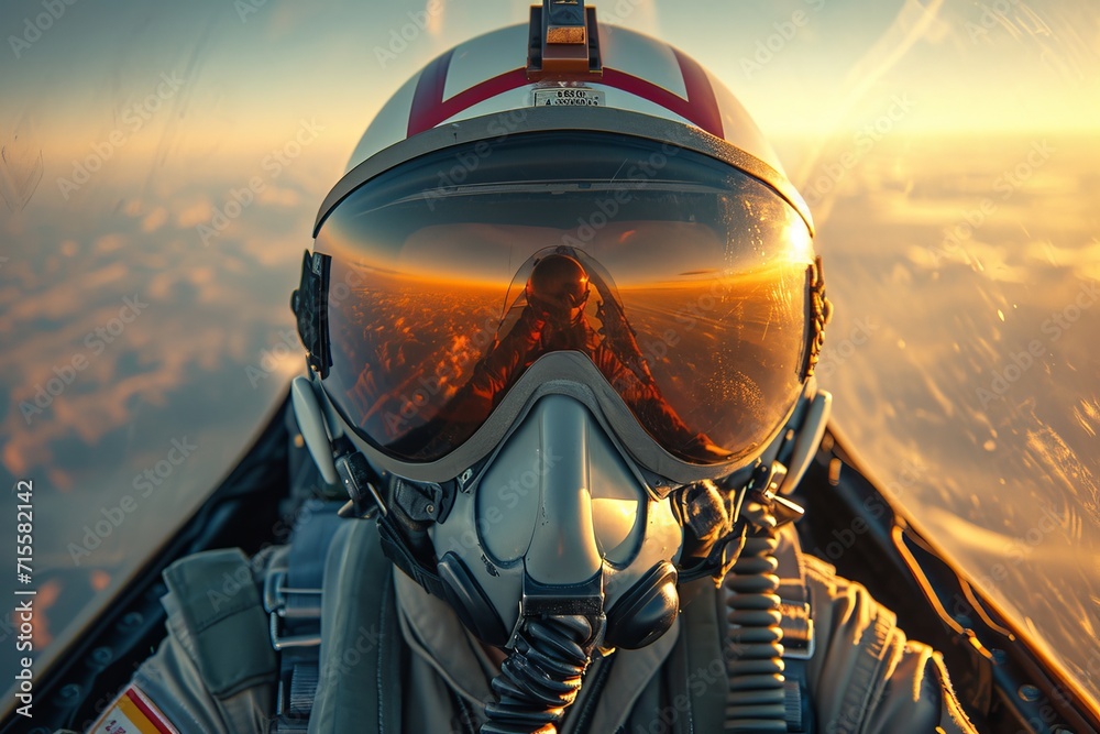 Pilot with sun visor and breathing mask in cockpit during flight ...