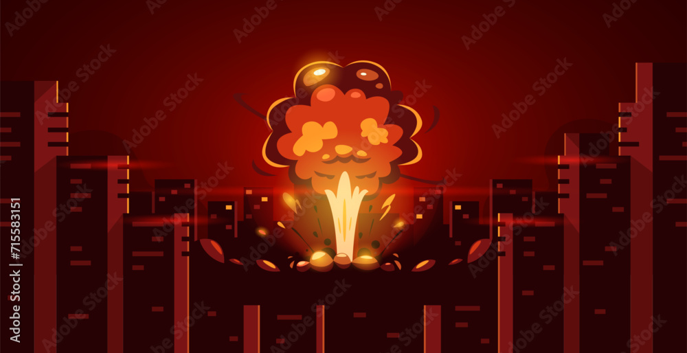 Cartoon explosion in city. Nuclear armageddon with fire and smoke in ...