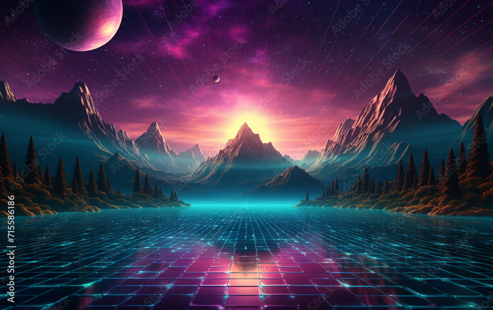 Retro Futuristic neon gaming landscape background Stock Illustration ...