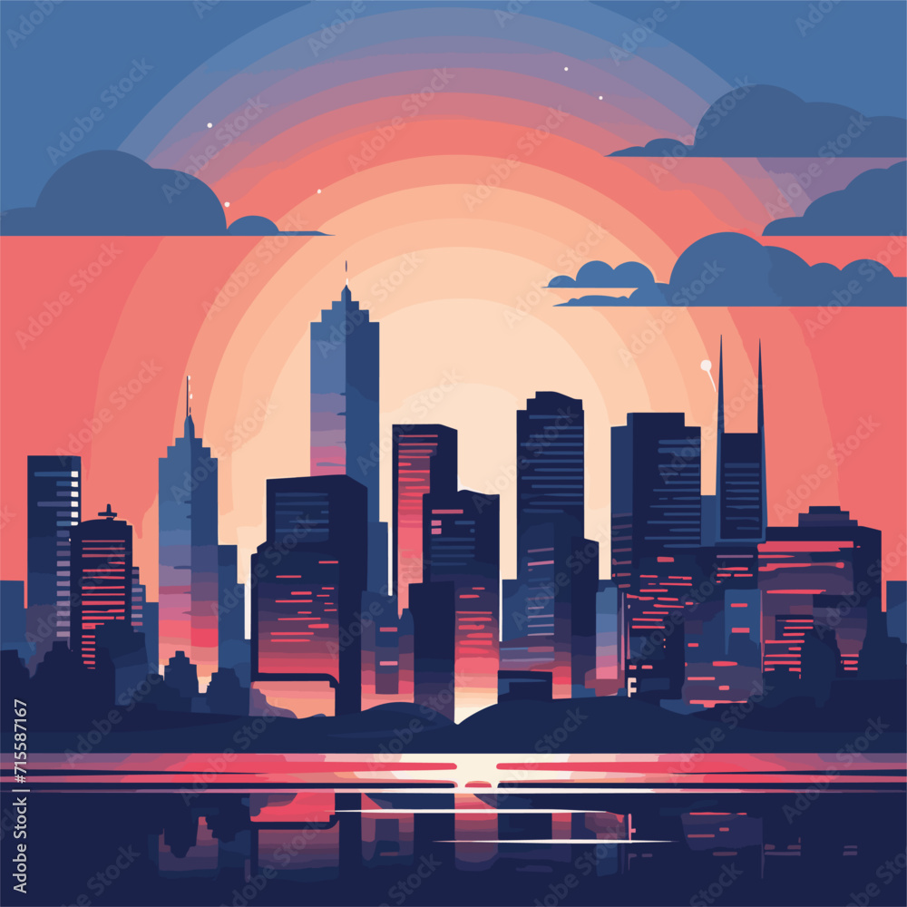 Vectorized abstract city skyline at sunset, symbolizing the dynamic and ...