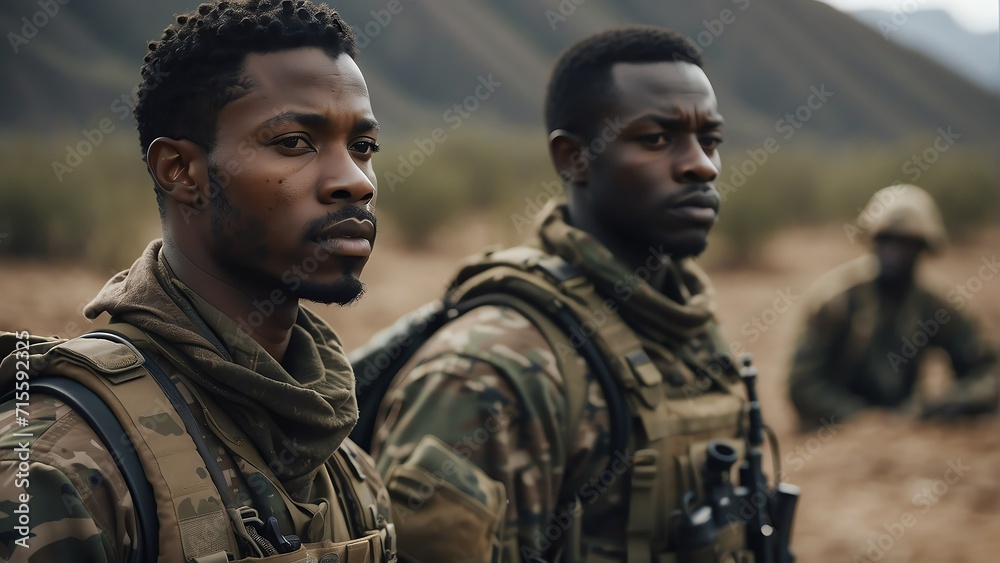 Portrait of a handsome black african male soldier wearing camouflage on ...