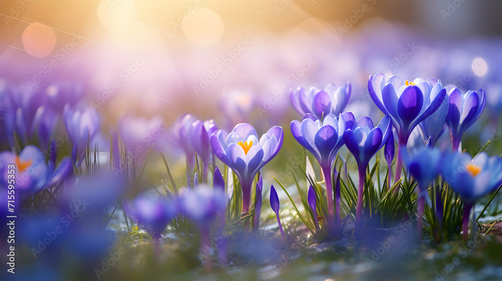 Spring flowers of blue crocuses in drops of water on the background of ...