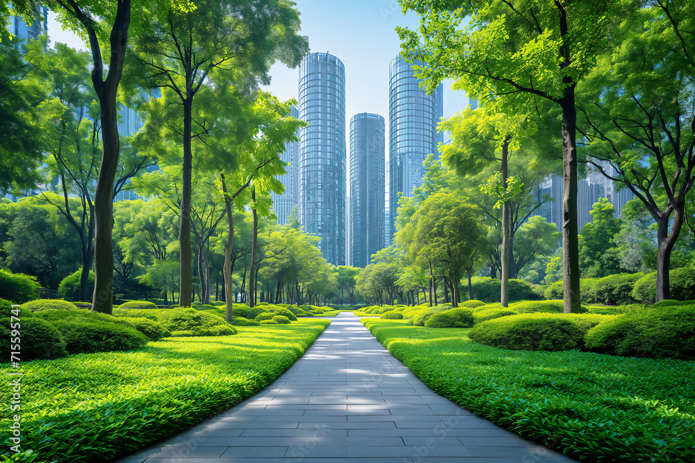 City public park and nvironmentally friendly buildingsin modern city ...