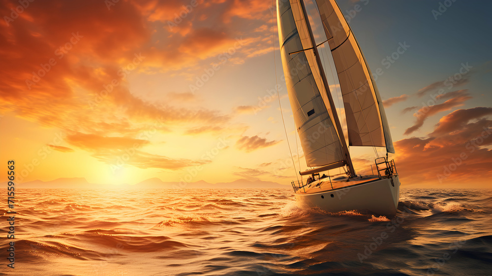 Yacht Sailing at Sunset Travel Banner Stock Illustration | Adobe Stock