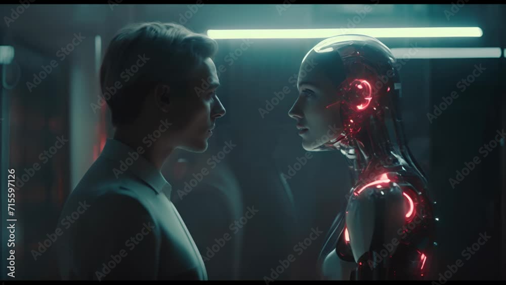 Couple in love: a man and a futuristic android robot. Technological sci ...
