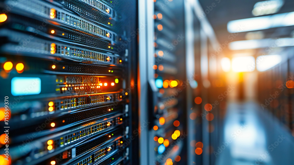 Digital Data Center Hub: The interior of a blue-themed data center with ...