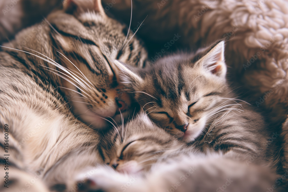 Slumbering Serenity: Tabby Cat Mother with Her Dozing Kittens Stock ...