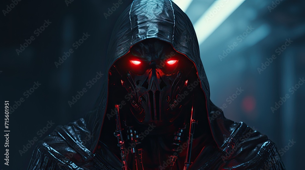 Evil skeleton robot in metal armor. Skull of futuristic evil cyborg in ...