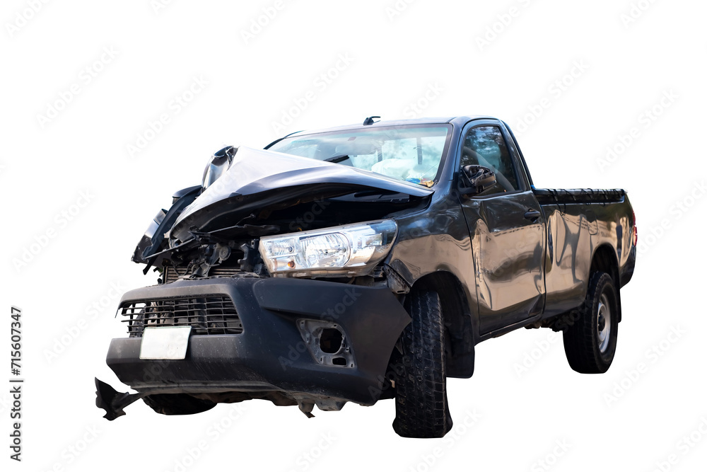 Front and Side view of black pickup truck car get damaged by accident ...