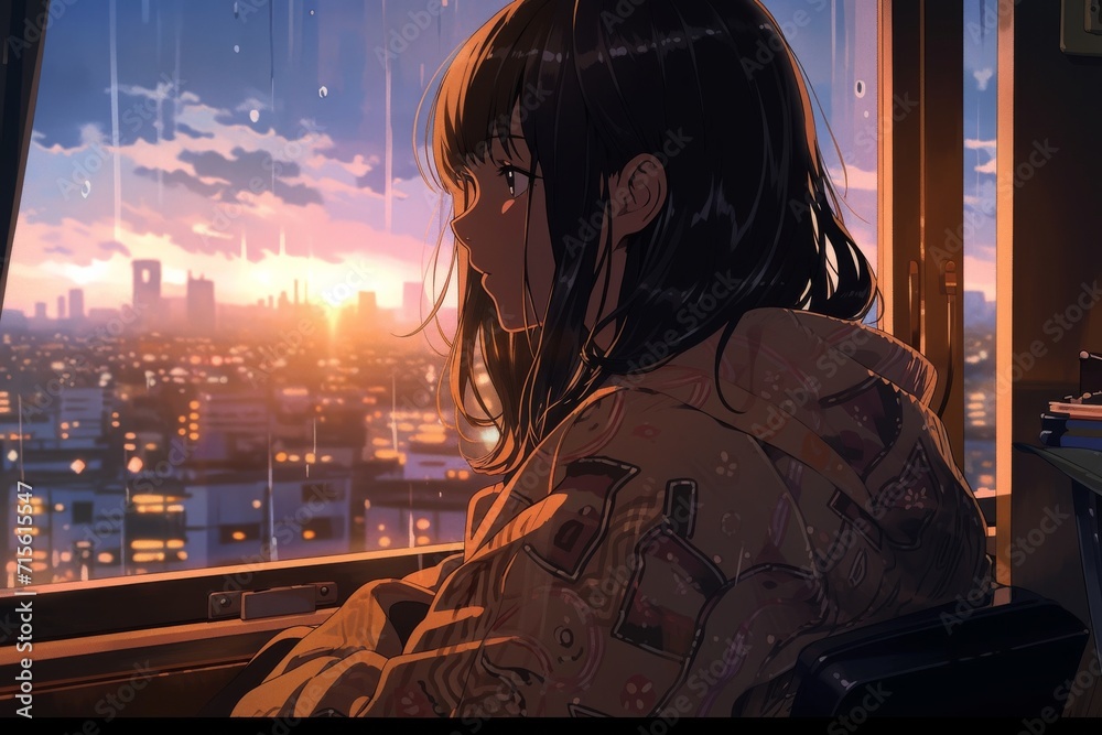 Anime Girl Reflects On Bustling Cityscape From Window, Lost In Deep ...