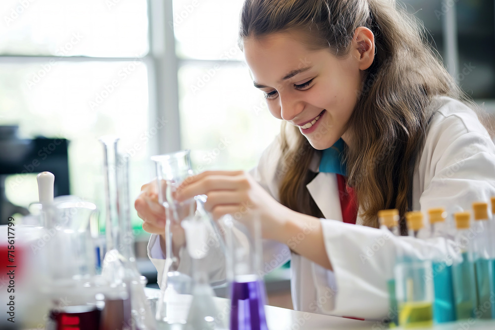 Generative AI illustration of smiling young female scientist is ...