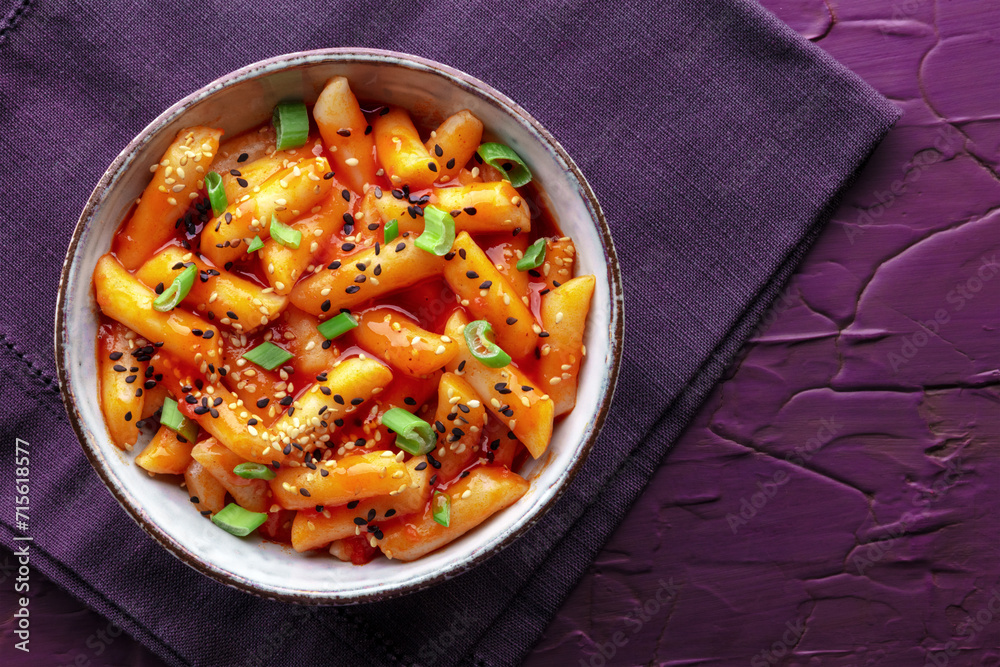 Tteokbokki or topokki, Korean street food, spicy rice cakes in red ...