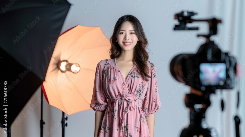 Young beautiful Asian vlogger going live streaming on social media ...