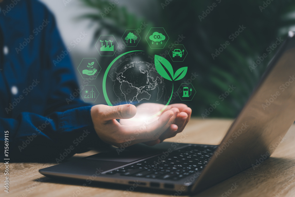 Green business, Virtual globe reducing carbon concept, Businesswoman ...