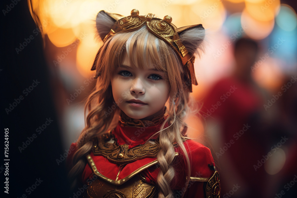 Young little lady princess in masquerade dress on costume party magic ...