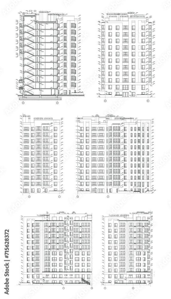 Multistory Building Detailed Architectural Technical Cross Section Drawing Vector Blueprint