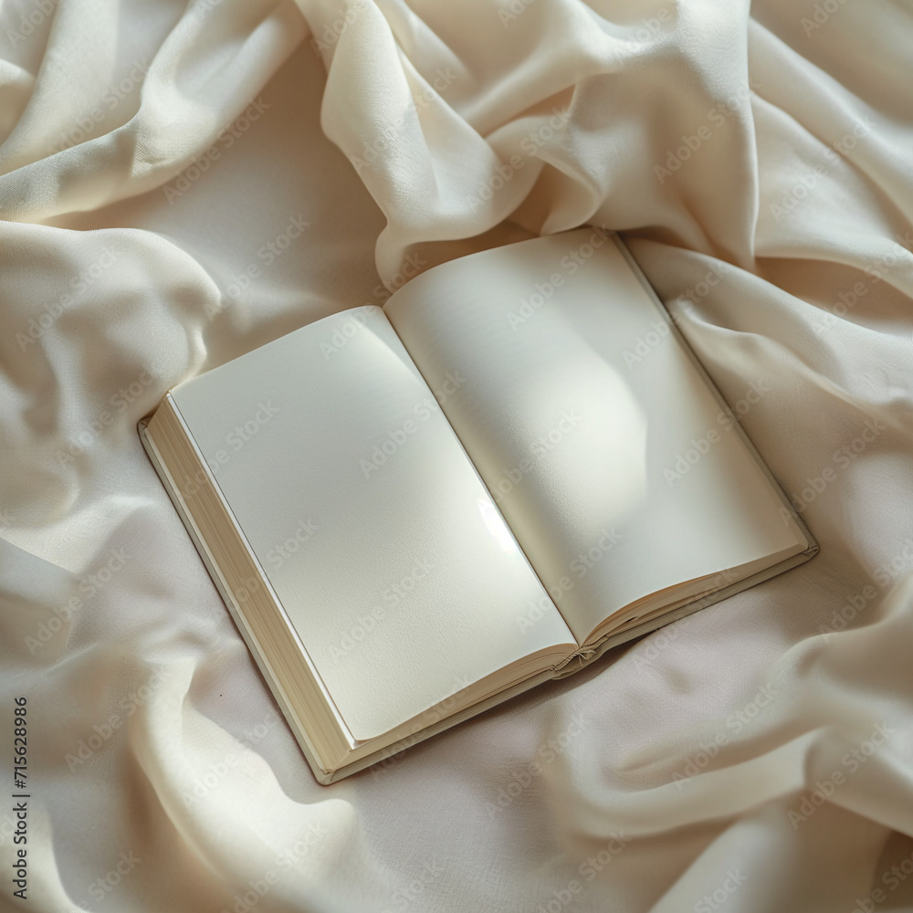 Open diary or planner with empty blank pages, lying on a gentle beige ...