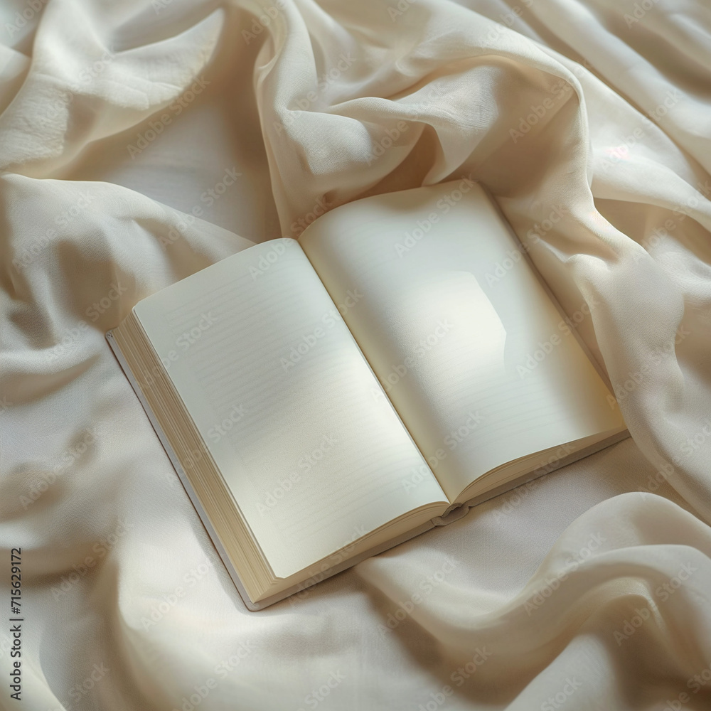 Open diary or planner with empty blank pages, lying on a gentle beige ...