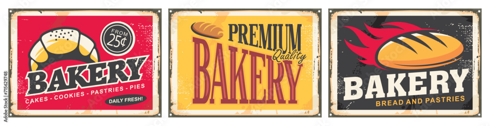 Set of retro bakery signs on old tin backgrounds. Vintage sign ...