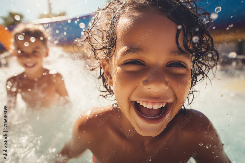 Summer holidays children in aquapark having fun sliding water splash ...