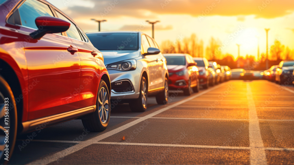 Car parking lot with row of cars on sunset background. Car parking ...