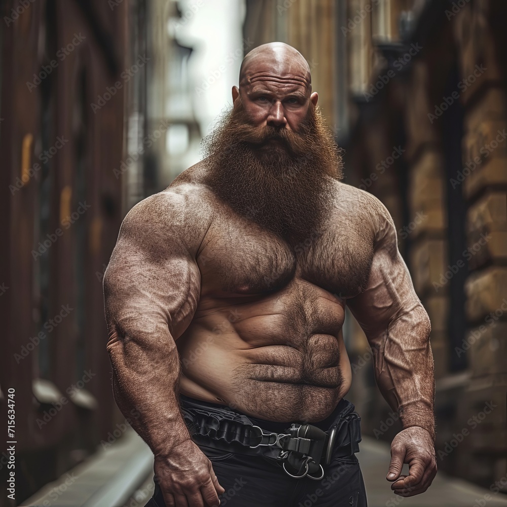 Bodybuilder with a beard with big muscles. strongman against the ...