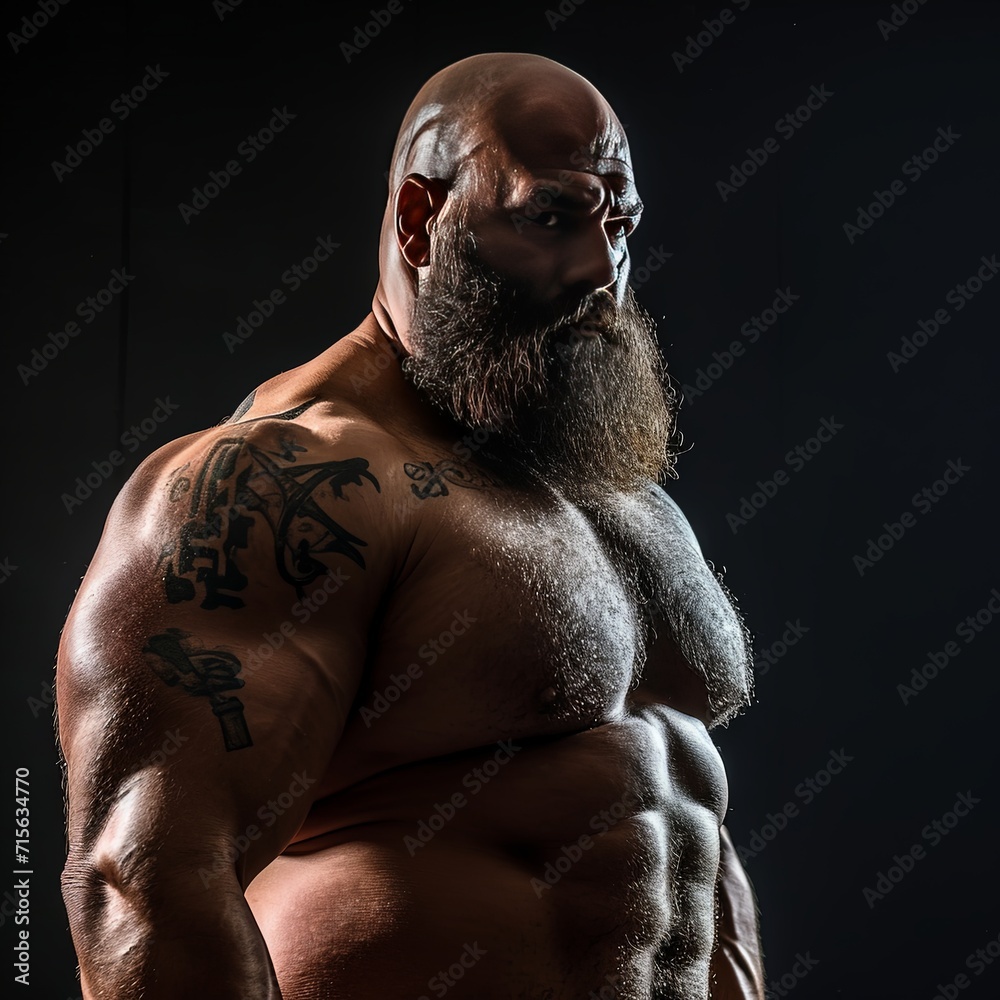 Bodybuilder with a beard with big muscles. strongman on a black ...
