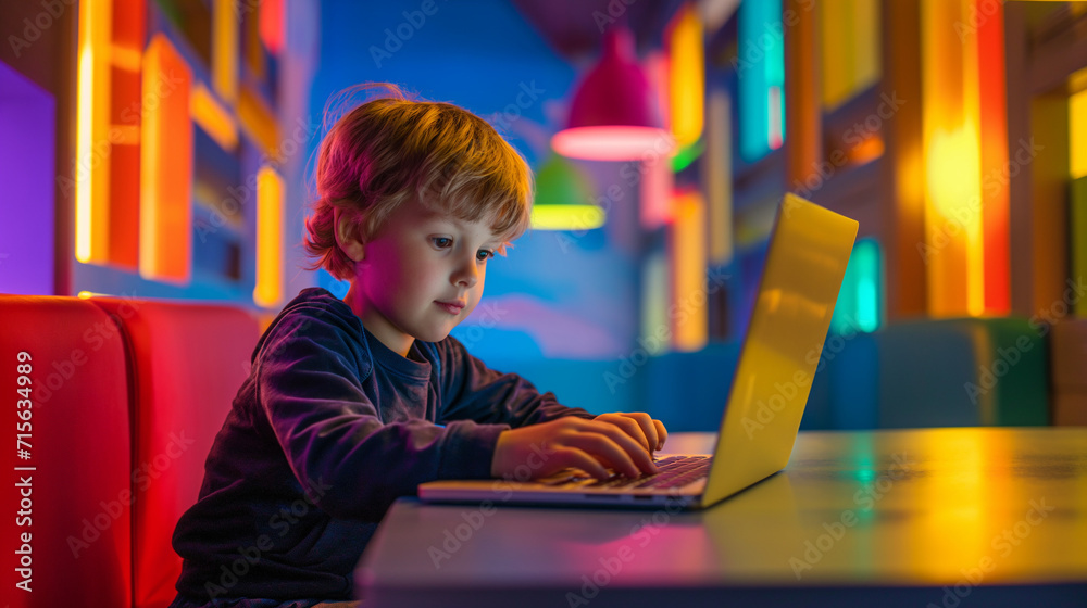 Child using a laptop for interactive learning activities. Colorful and ...